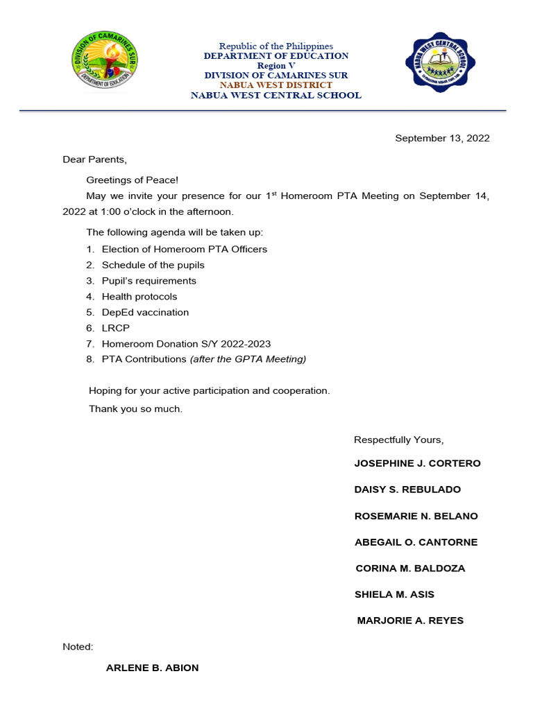 Homeroom PTA Meeting Agenda | PDF