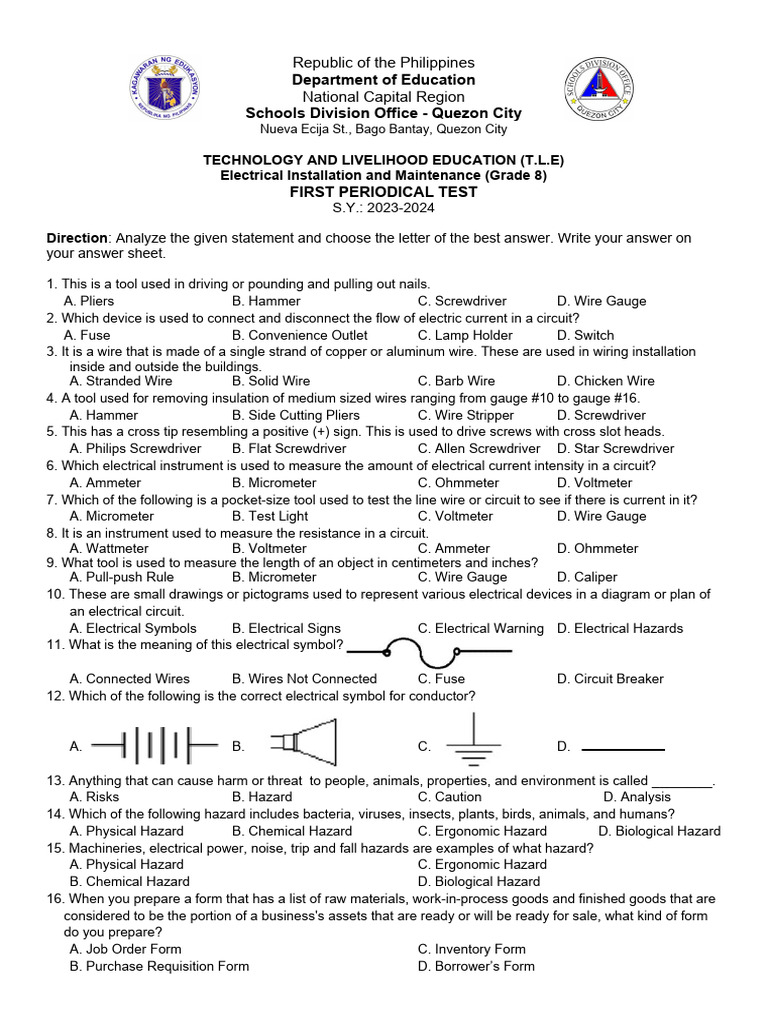 Grade 8 TLE Electrical Test Questions | PDF