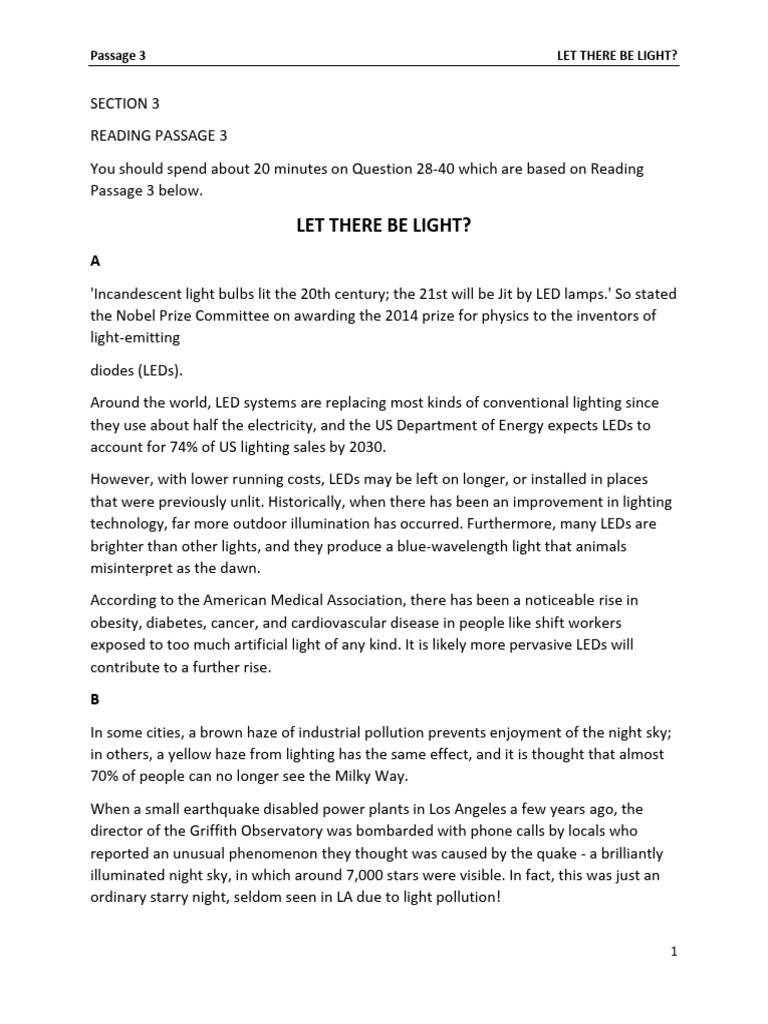 71 Passage 3 - LET THERE BE LIGHT Q28-40 | PDF | Lighting | Light