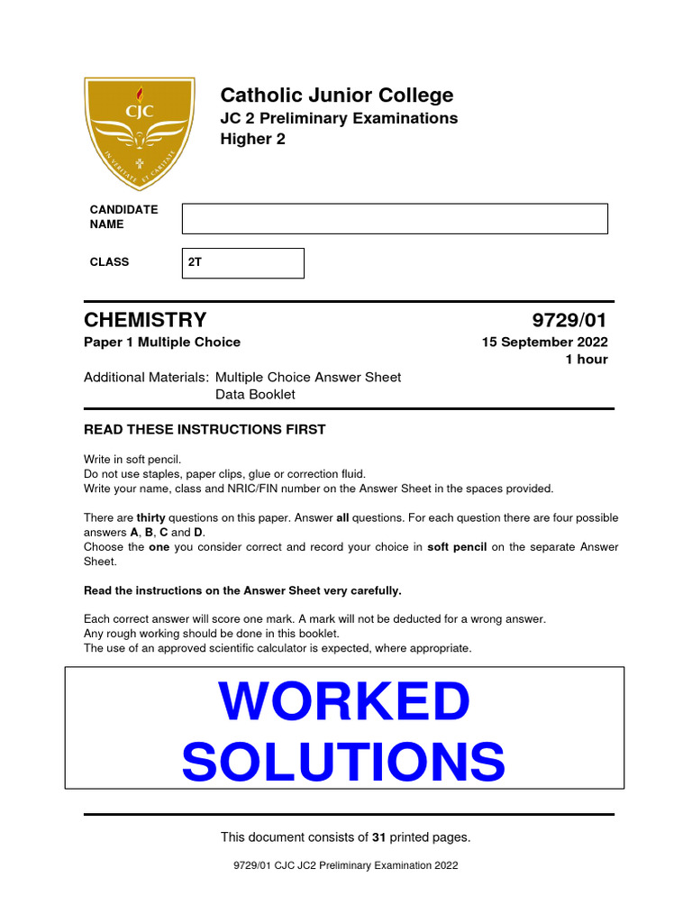 2022 CJC H2 CHEM Prelim P1 QP W Ans FINAL | PDF | Coordination Complex | Chemical Reactions