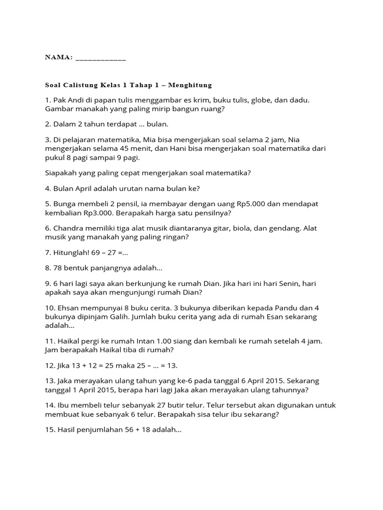 Soal Calistung Kelas 1 Tahap 1 | PDF