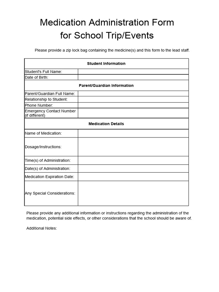 Medication Administration Form for School Trip | PDF