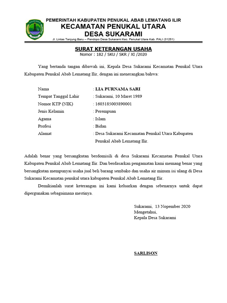 Surat Keterangan Usaha LIA | PDF
