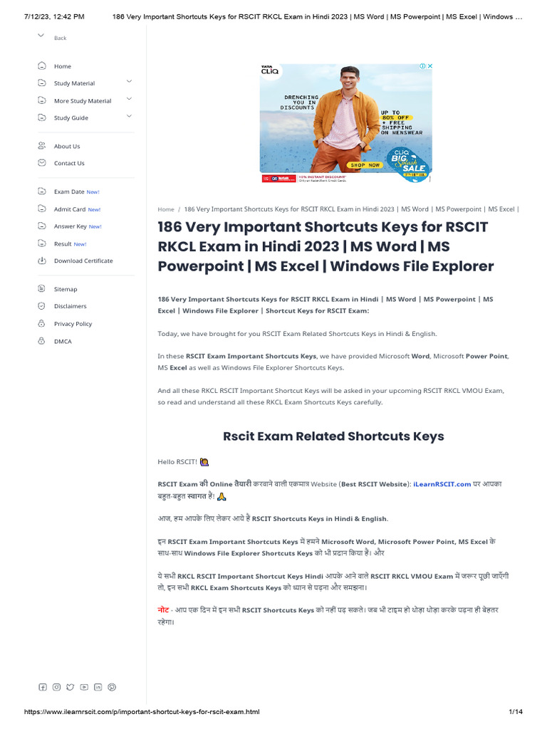 186 Very Important Shortcuts Keys For RSCIT RKCL Exam in Hindi 2023 ...