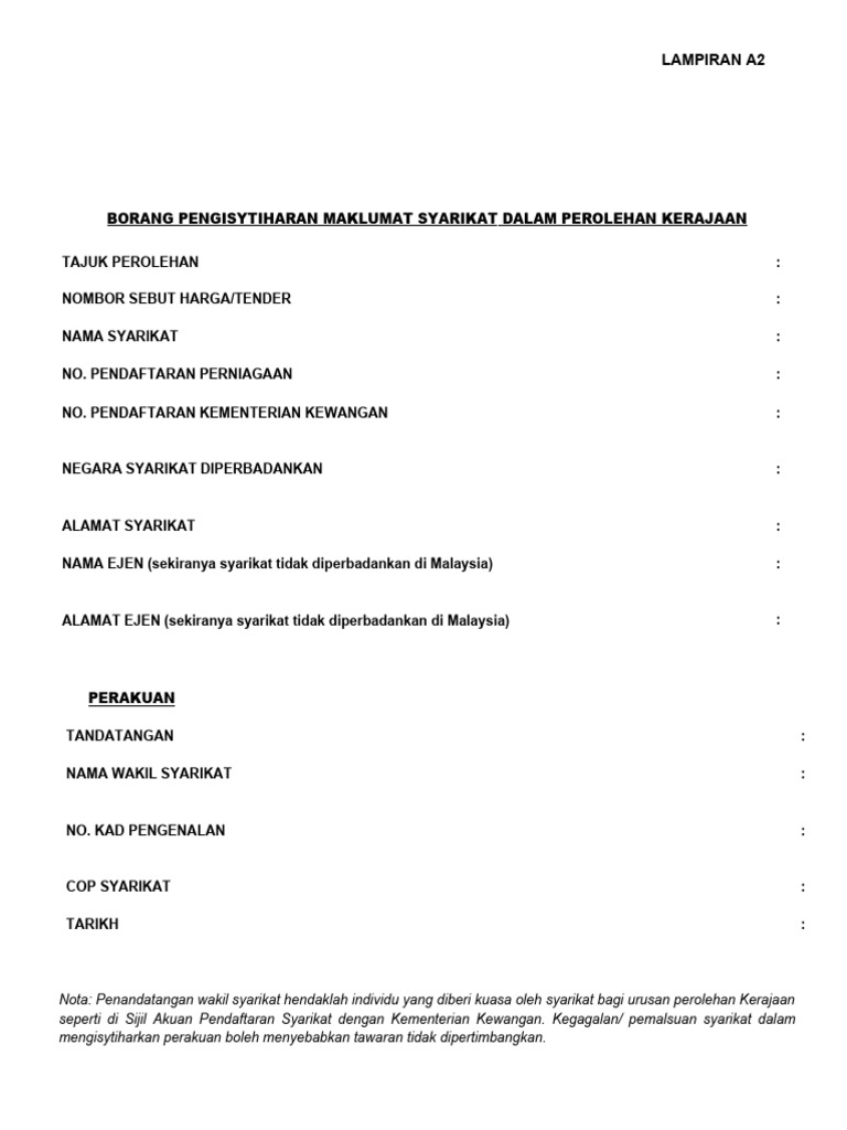 Lampiran A2 - Borang Pengisytiharan Maklumat Syarikat Dalam Perolehan Kerajaan | PDF