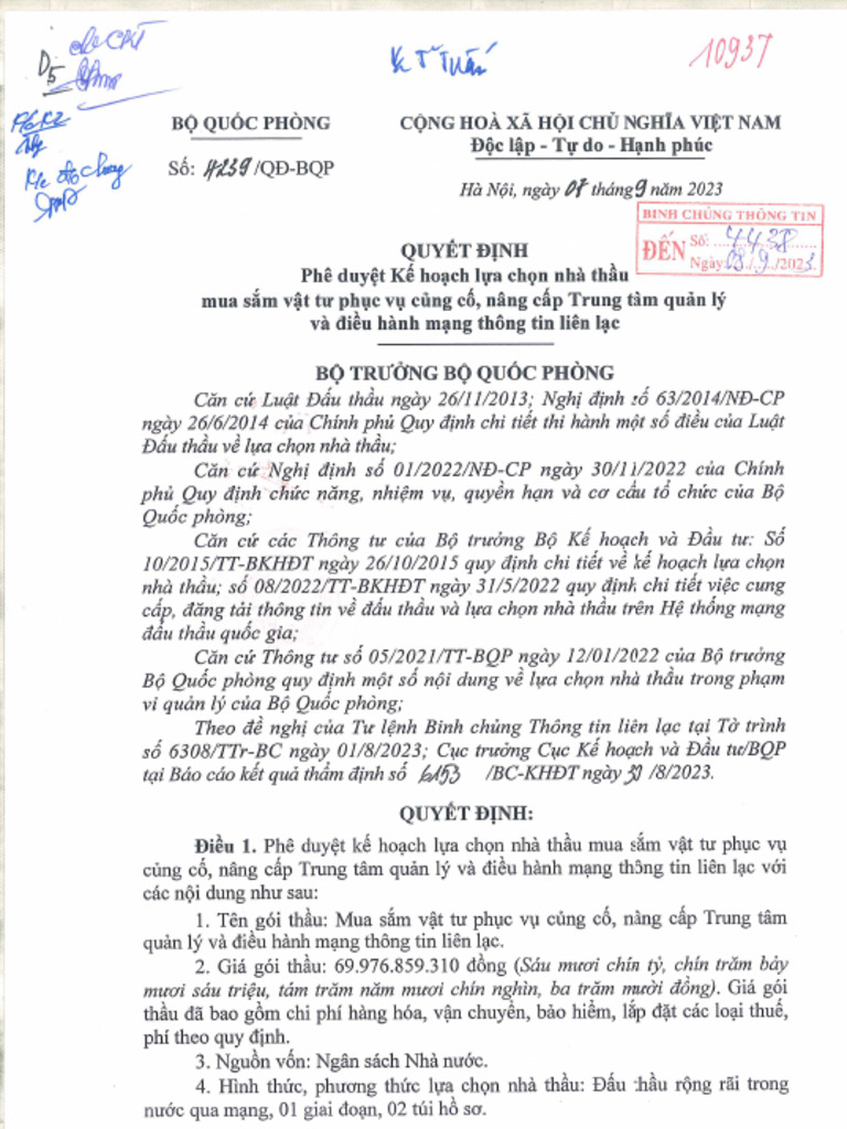 15. Qđ 4239-Bqp Phê Duyệt Khlcnt Gói a05 | PDF