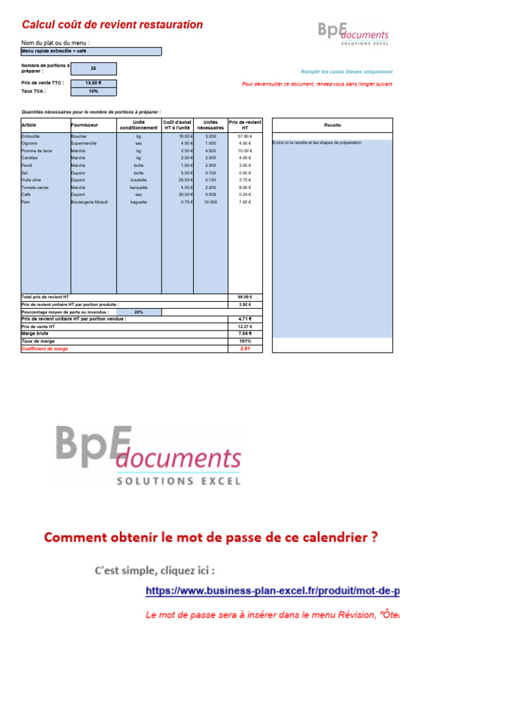 Calcul Cout de Revient Restauration Excel | PDF