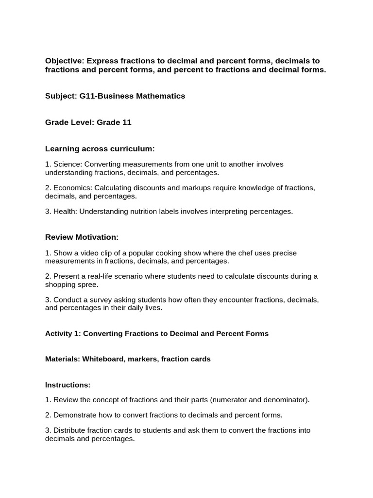 01 - Lesson Plan - Fractions - Decimal - Percent | Download Free PDF ...