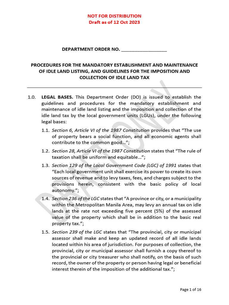 DOF-BLGF Draft Department Order - Idle Land - As of 12 Oct 2023 | PDF ...