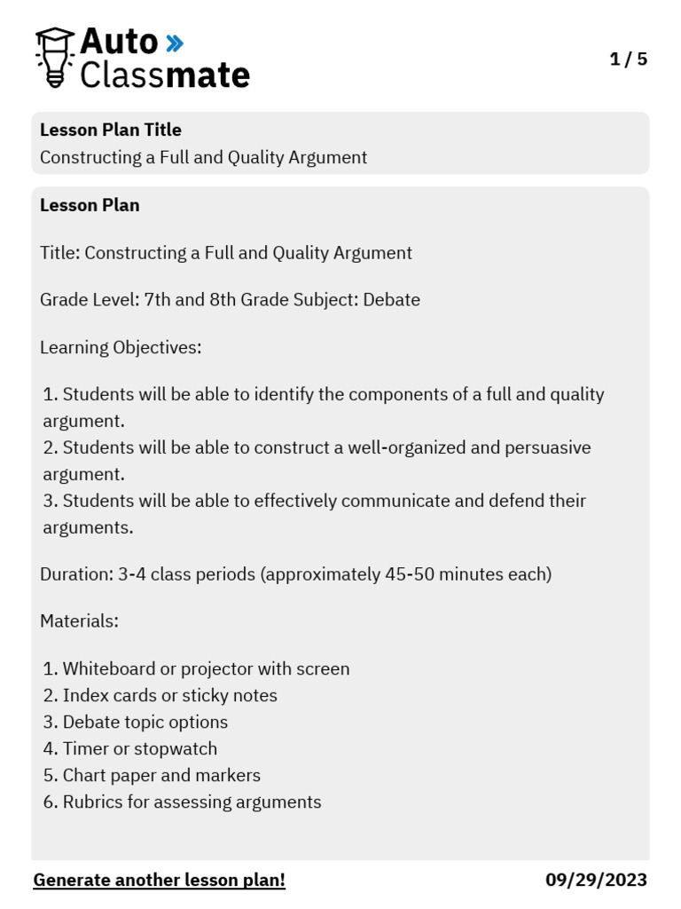 Lesson Plan - Constructing A Full and Quality Argument | PDF | Lesson ...