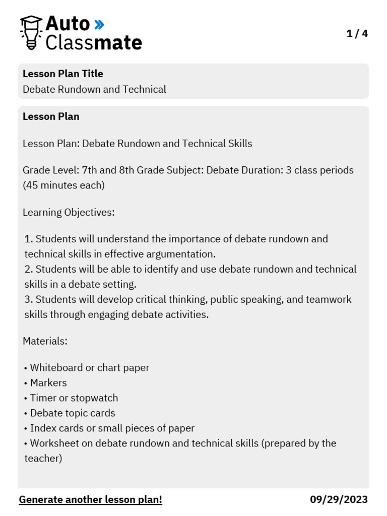 Lesson Plan - Debate Rundown and Technical | PDF | Lesson Plan ...