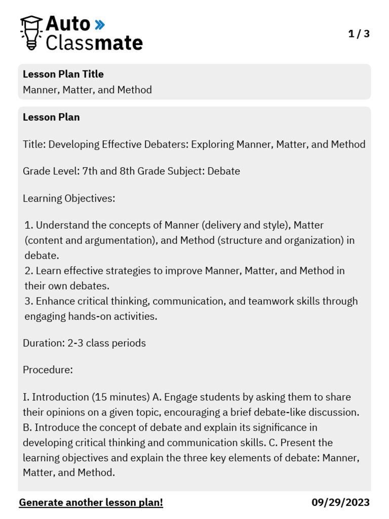 Lesson Plan - Manner, Matter, and Method | PDF | Lesson Plan | Argument
