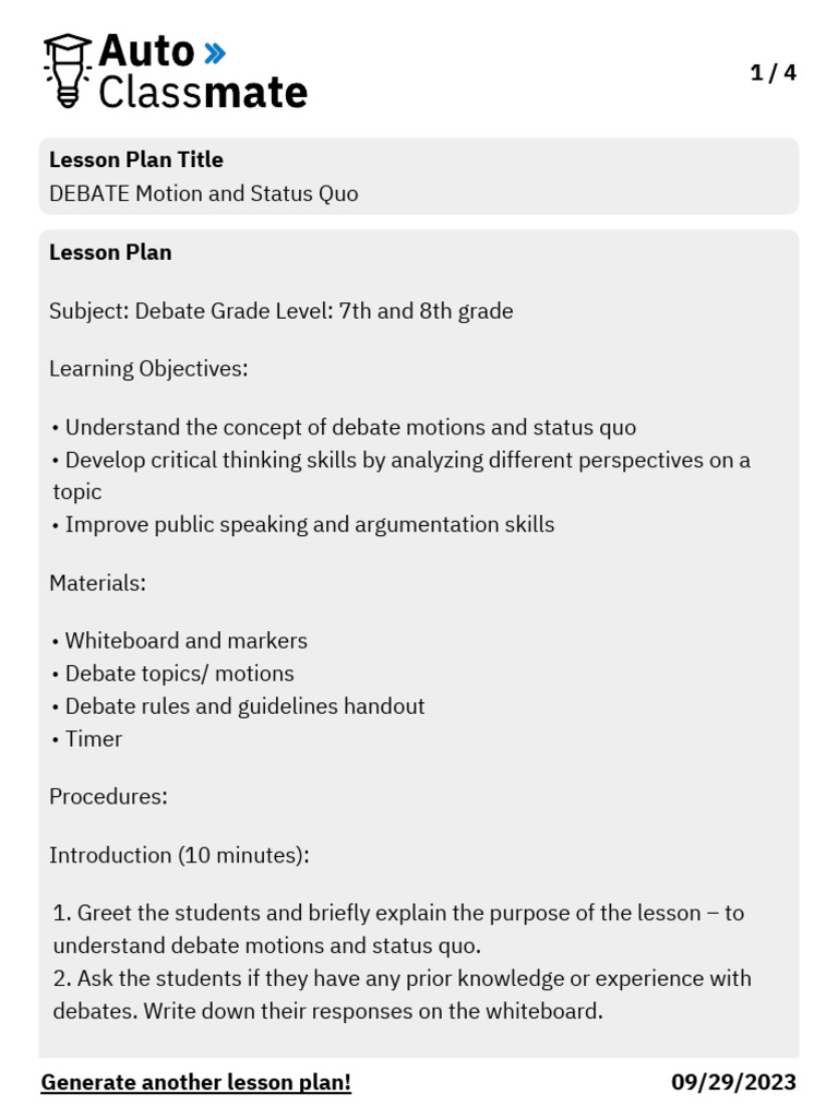 Lesson Plan - DEBATE Motion and Status Quo | PDF