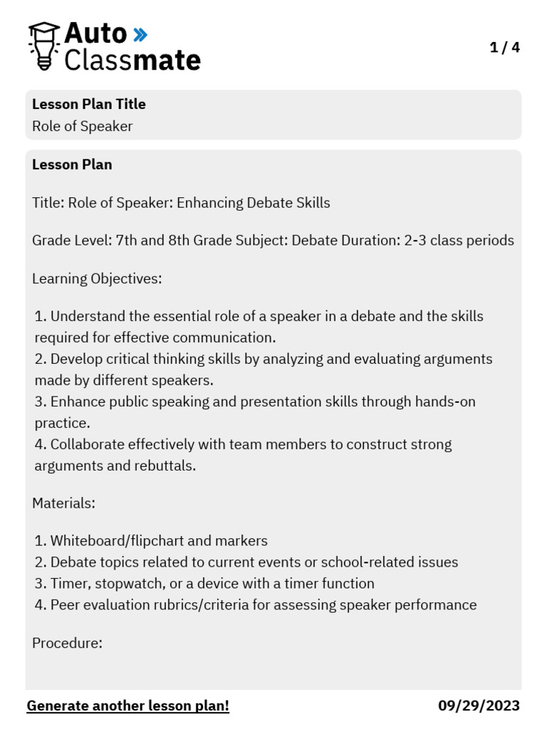Debate Skills: Role of Speaker Lesson Plan | PDF | Lesson Plan | Argument