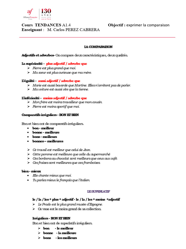 Comparaison en français : règles et exercices | PDF | Arts du langage ...