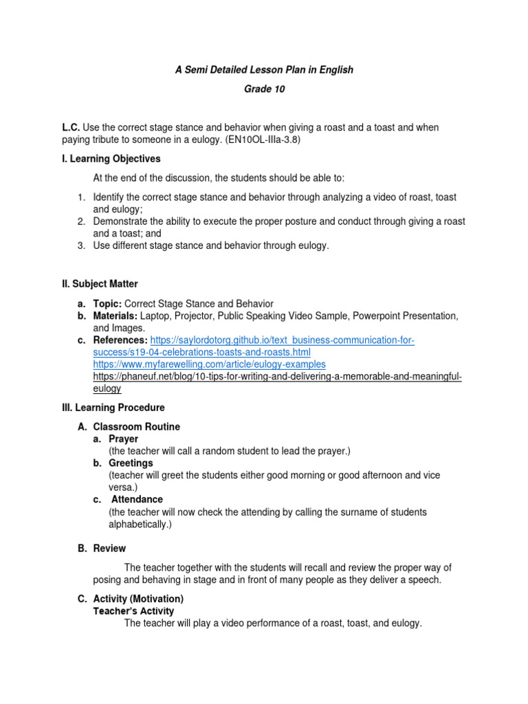 A Semi Detailed Lesson Plan in English Sample Reference | PDF