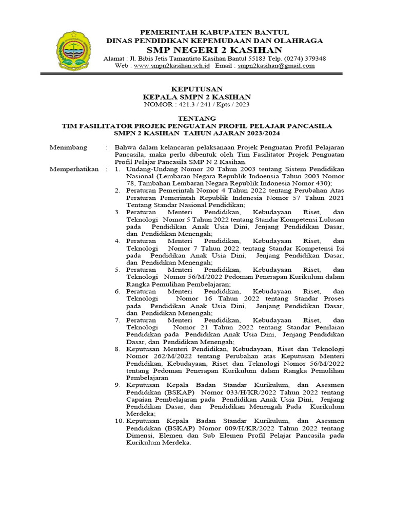 SK Tim Fasilitasi - Koordinator P5 | PDF