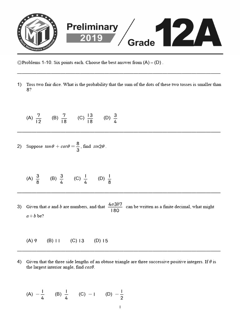 2019 WMI Prelim G12 Paper A | PDF | Numbers | Mathematics