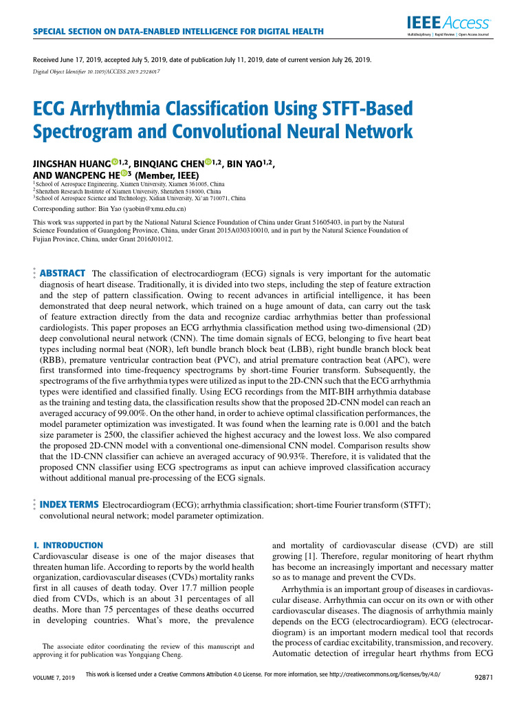 ECG Arrhythmia Classification Using STFT-Based Spectrogram and Convolutional Neural Network | PDF