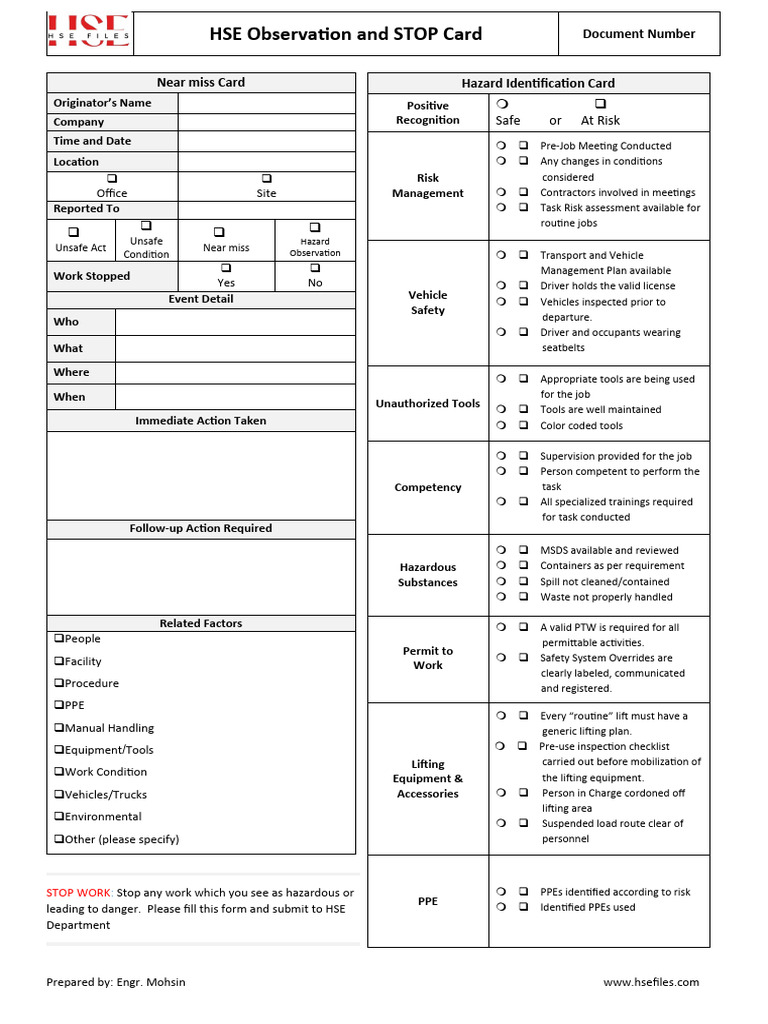 HSE Observation and STOP Card | PDF