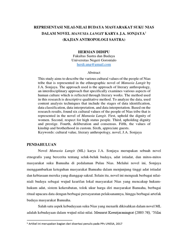 Representasi Nilai-Nilai Budaya Masyarakat Suku Nias Dalam Novel Manusia Langit Karya J.A ...
