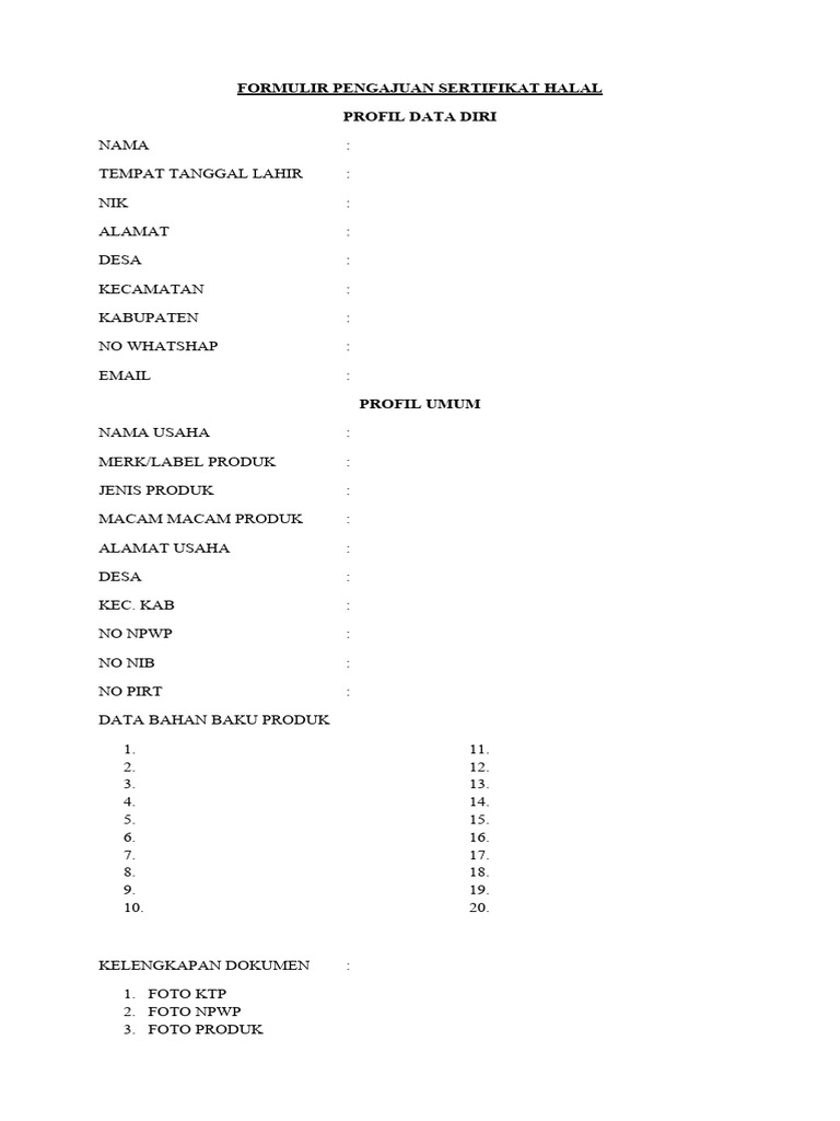 Formulir Pengajuan Sertifikat Halal | PDF