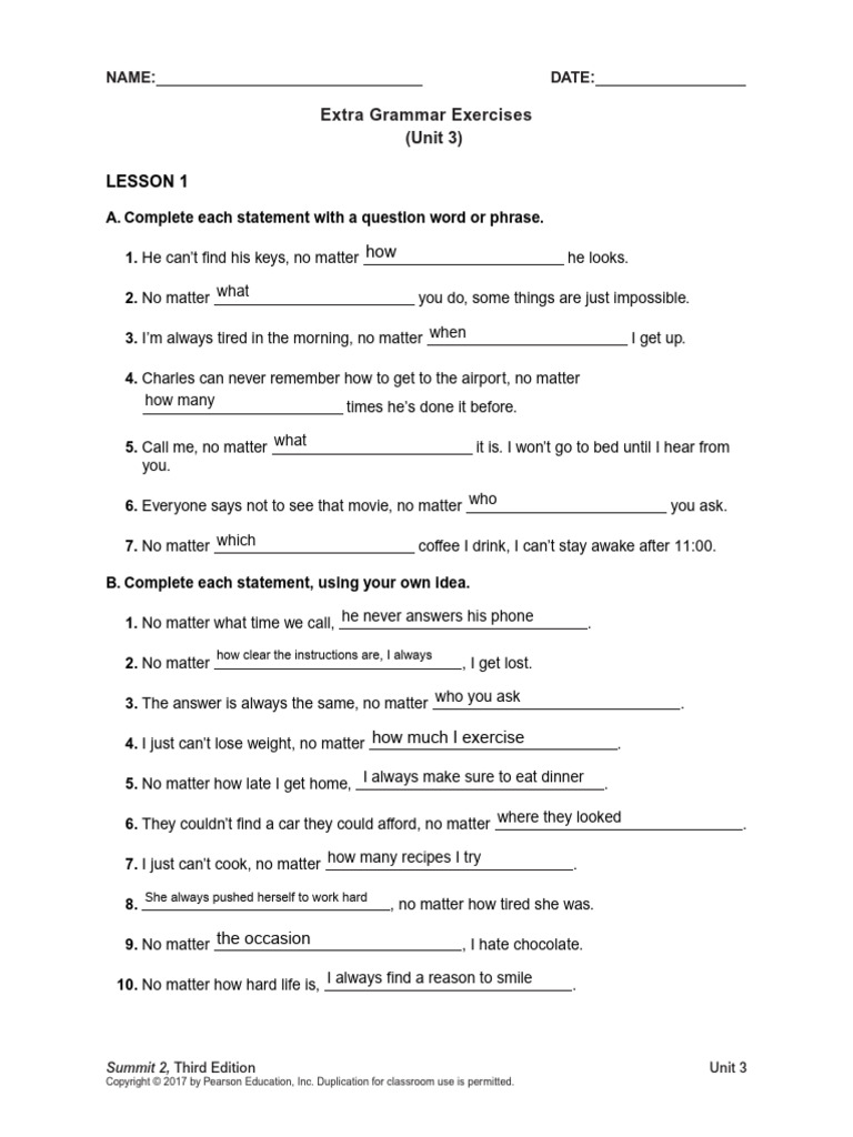 Extra Grammar - Exercises Unit 3 | PDF