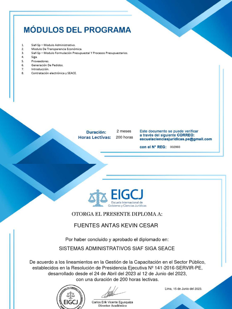 Kevin Cesar - Diplomado Sistemas Administrativos Siaf Siga Seace | PDF