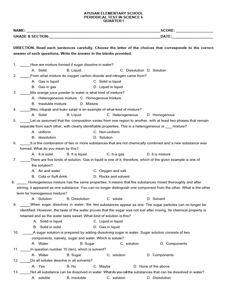 Science 6 Q1 PT | PDF | Mixture | Solubility