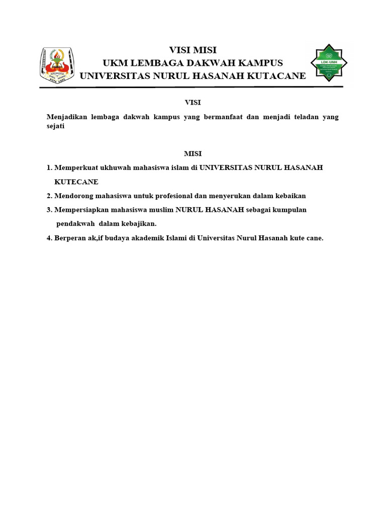 Visi Misi UKM Lembaga Dakwah UNSH | PDF