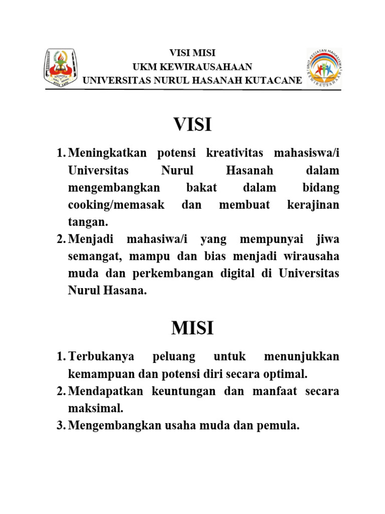 Visi Misi UKM Kewirausahaan Universitas | PDF