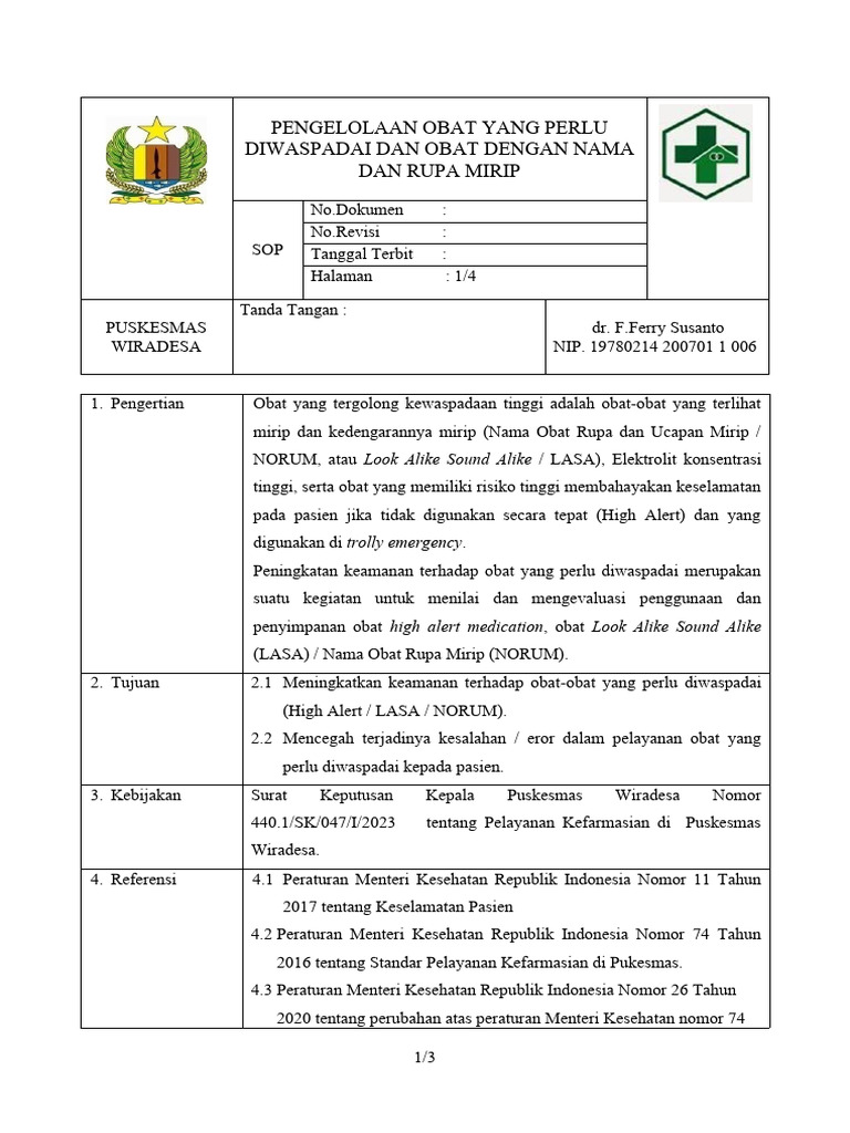 Sop Pengelolaan Obat Yang Perlu Diwaspadai Dan Obat Dengan Nama Dan ...