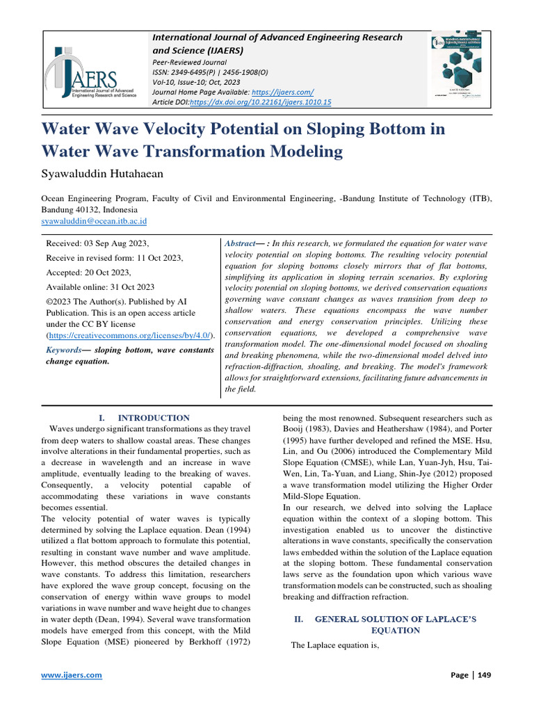 Water Wave Velocity Potential On Sloping Bottom In Water Wave Transformation Modeling Pdf