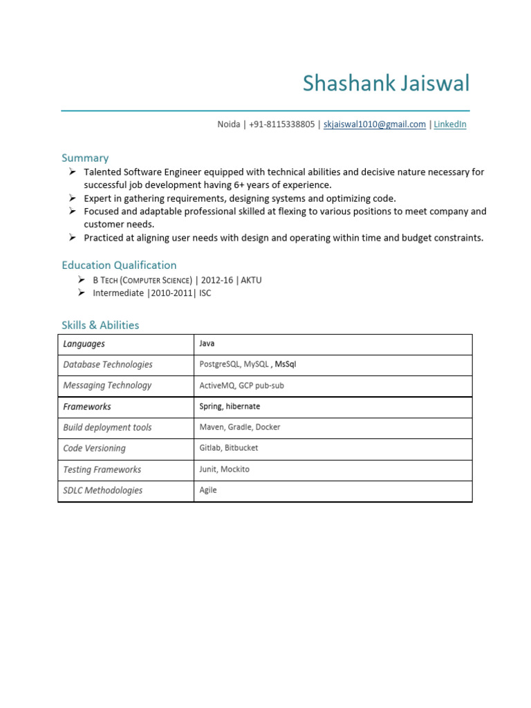 Shashank Senior Software Engineer 6.5years | PDF | Eclipse (Software) | Postgre Sql