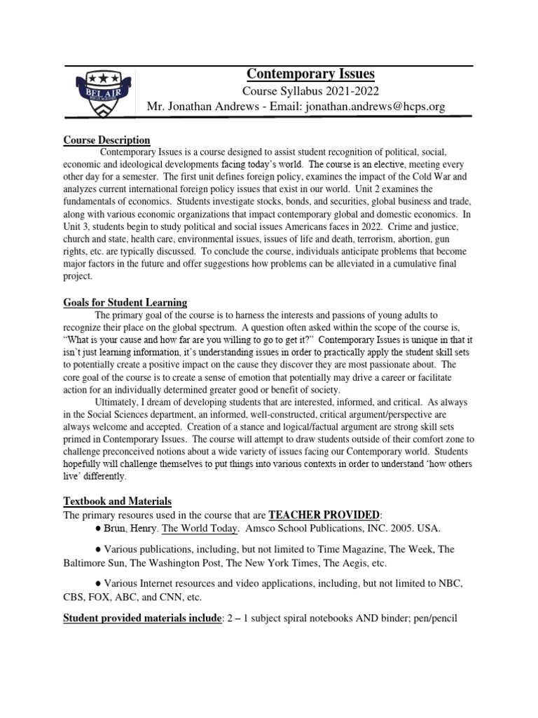 Contemporary Issues Course Syllabus 2021-22 | PDF | Economics | Learning