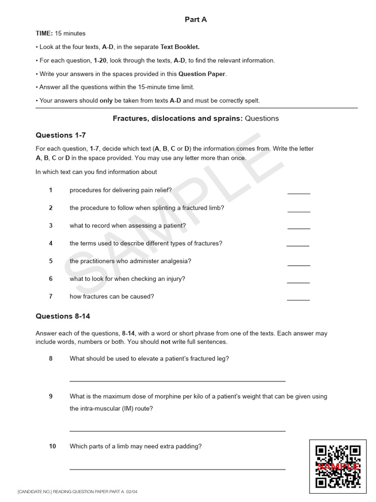 Reading Sample Test 1 Question Paper Part A | PDF | Analgesic | Pain ...