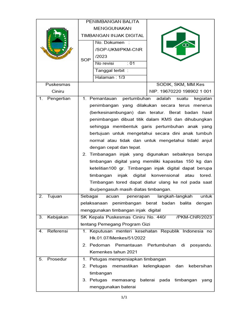 Sop Penimbangan Balita Menggunakan Timbangan Injak Digital Fix | PDF