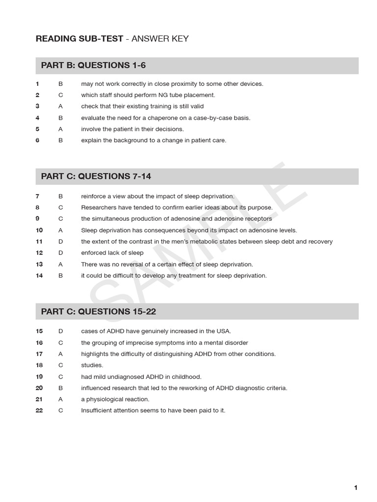 OET Reading Test Answer Key | PDF