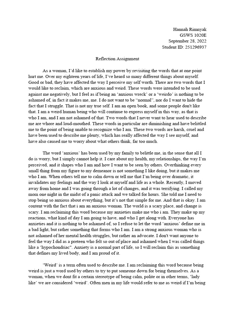 GSWS Reflection Assignment | PDF | Anxiety