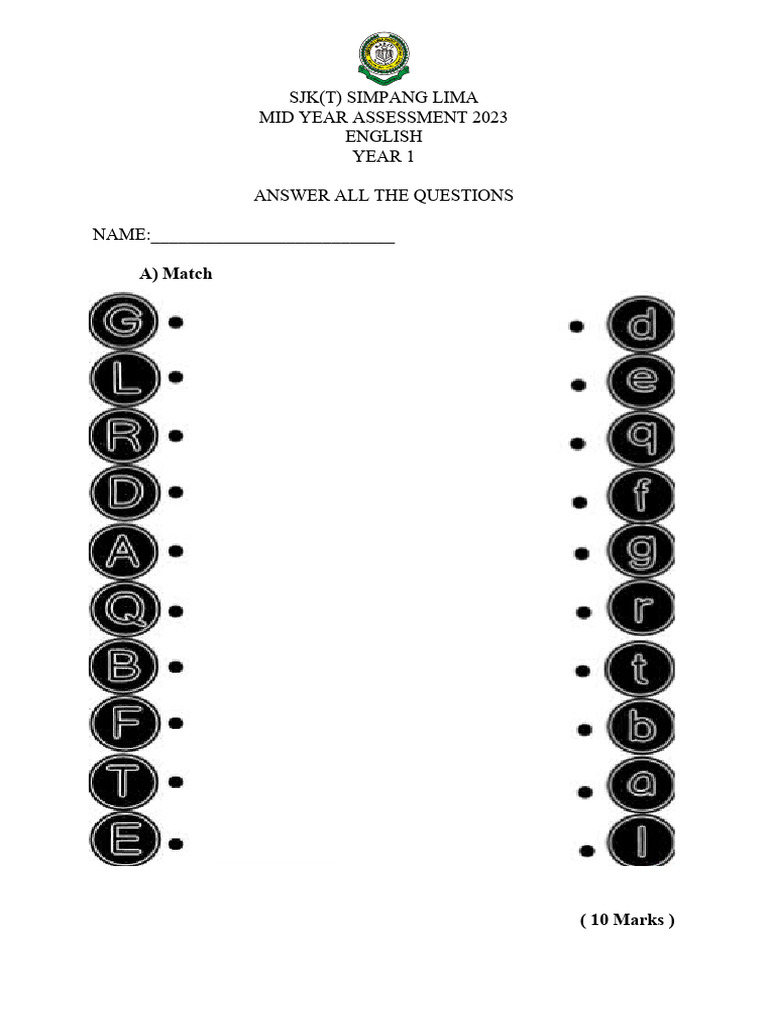 English Year 1 Mid Term 2023 | PDF