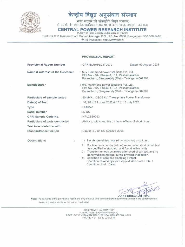 SC 50 MVA DYNAMIC TT REPORT - Provisional - 09.8.2023 | PDF