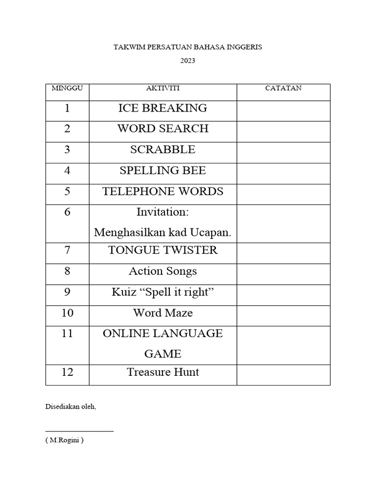Takwim Persatuan Bahasa Inggeris | PDF