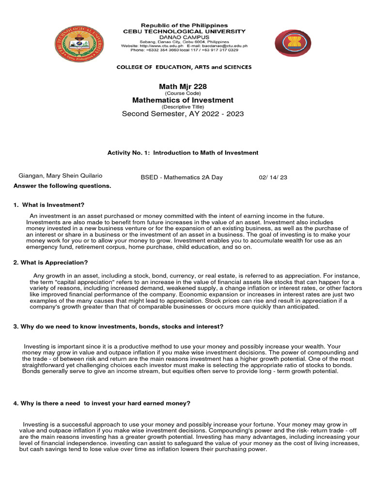 Math MJR 228 Activity 1 | PDF | Investing | Cost Of Living