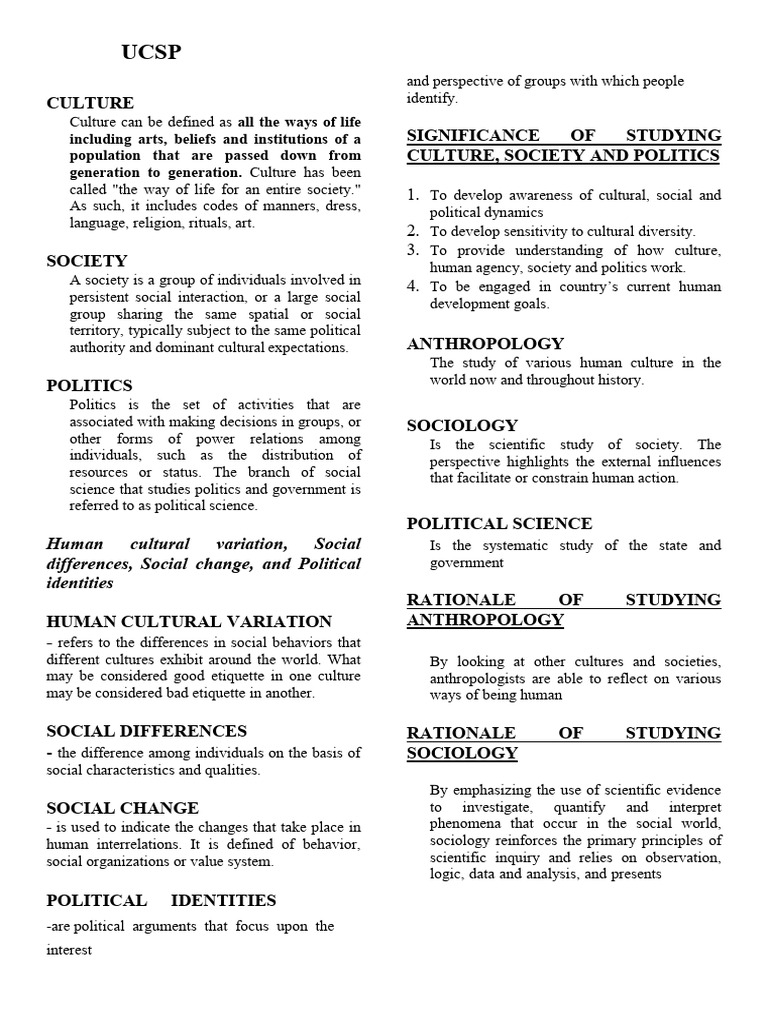 Ucsp Reviewer | PDF | Socialization | Society