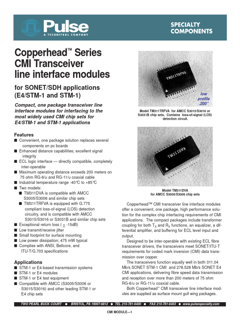 Copperhead Series CMI Transceiver Line Interface Modules: For SONET/SDH ...