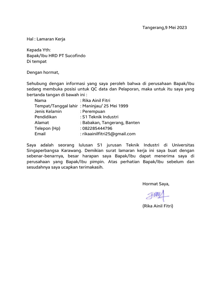 Lamaran Kerja QC Data oleh Rika Ainil Fitri | PDF