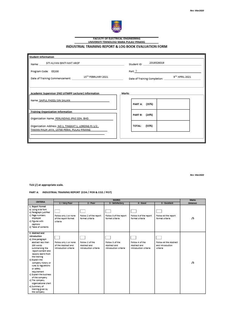 Sample Industrial Training Report Siti Alyani Arof Pdf 
