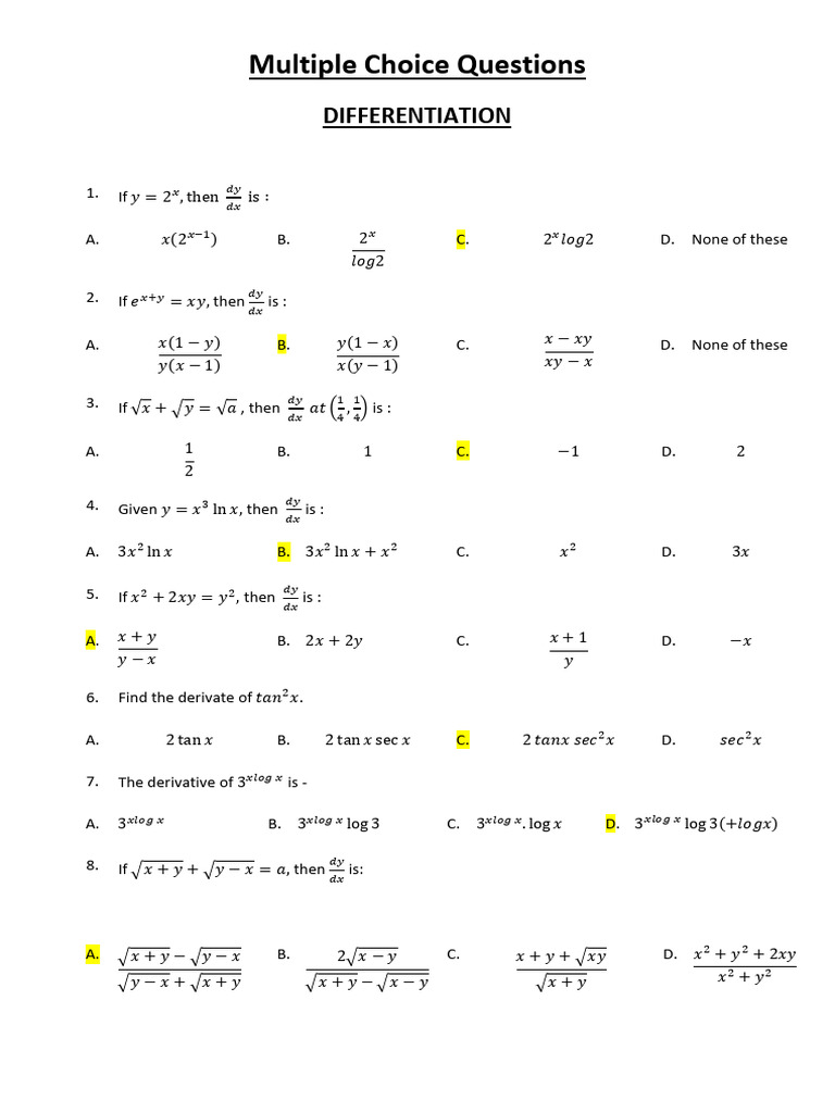 MCQs on Differentiation with Answers | PDF | Derivative | Calculus