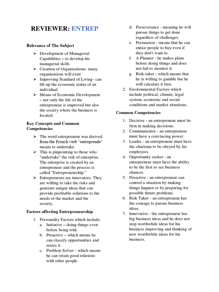 Entrep Reviewer 1ST Quarter | PDF | Entrepreneurship | Franchising