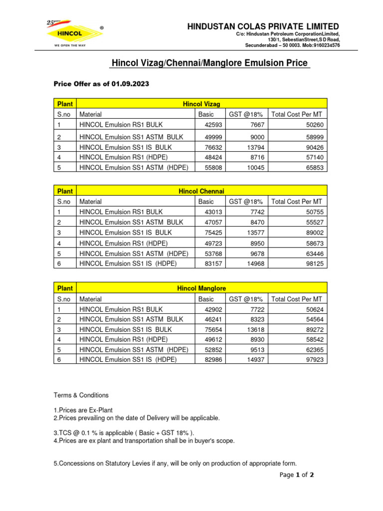 Price List Vizag-Chennai-Manglore Wef 1st Sep 2023 | Download Free PDF ...